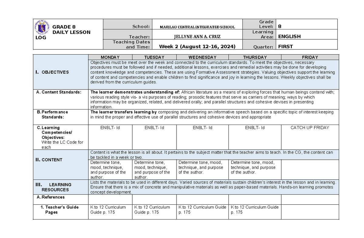 ENG DLL 1st Q Week 1 - DLL English 8 - GRADE 8 DAILY LESSON LOG School ...
