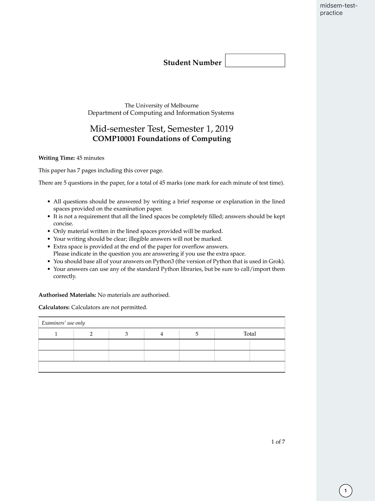 Midterm Test COMP10001 - Student Number The University of Melbourne ...