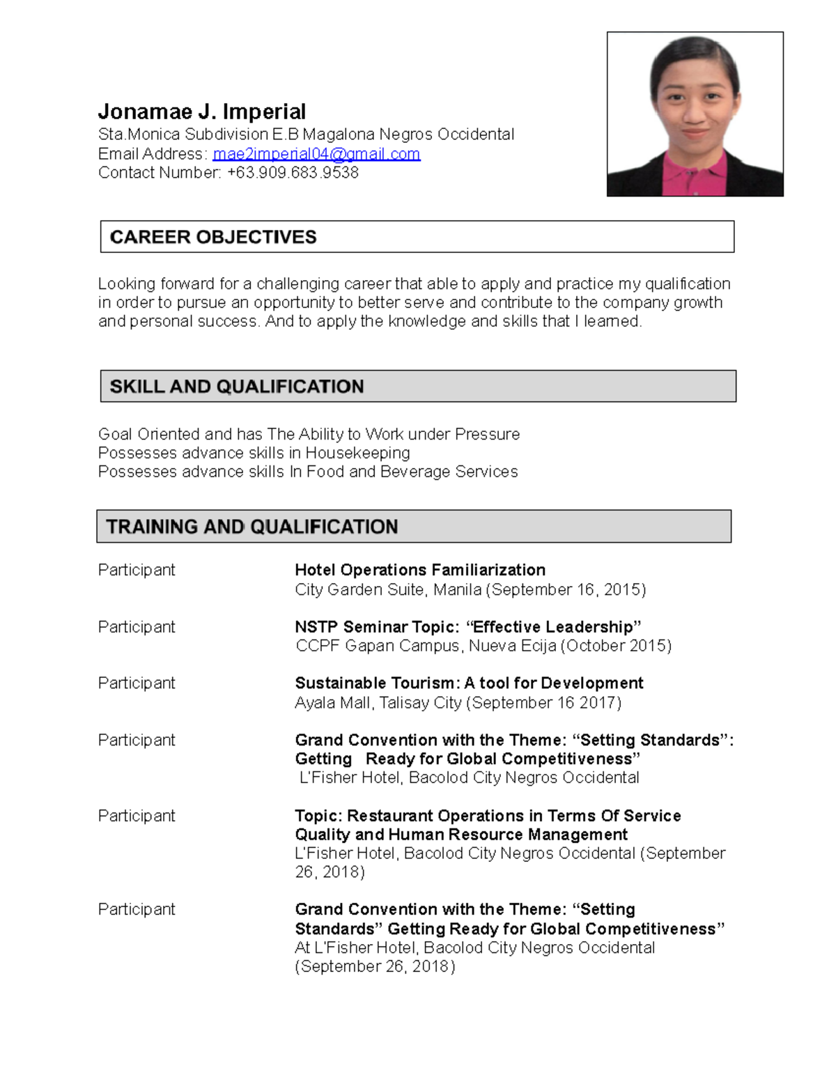Jonamae resume 1 - ASDsomeday - Jonamae J. Imperial Sta Subdivision E ...
