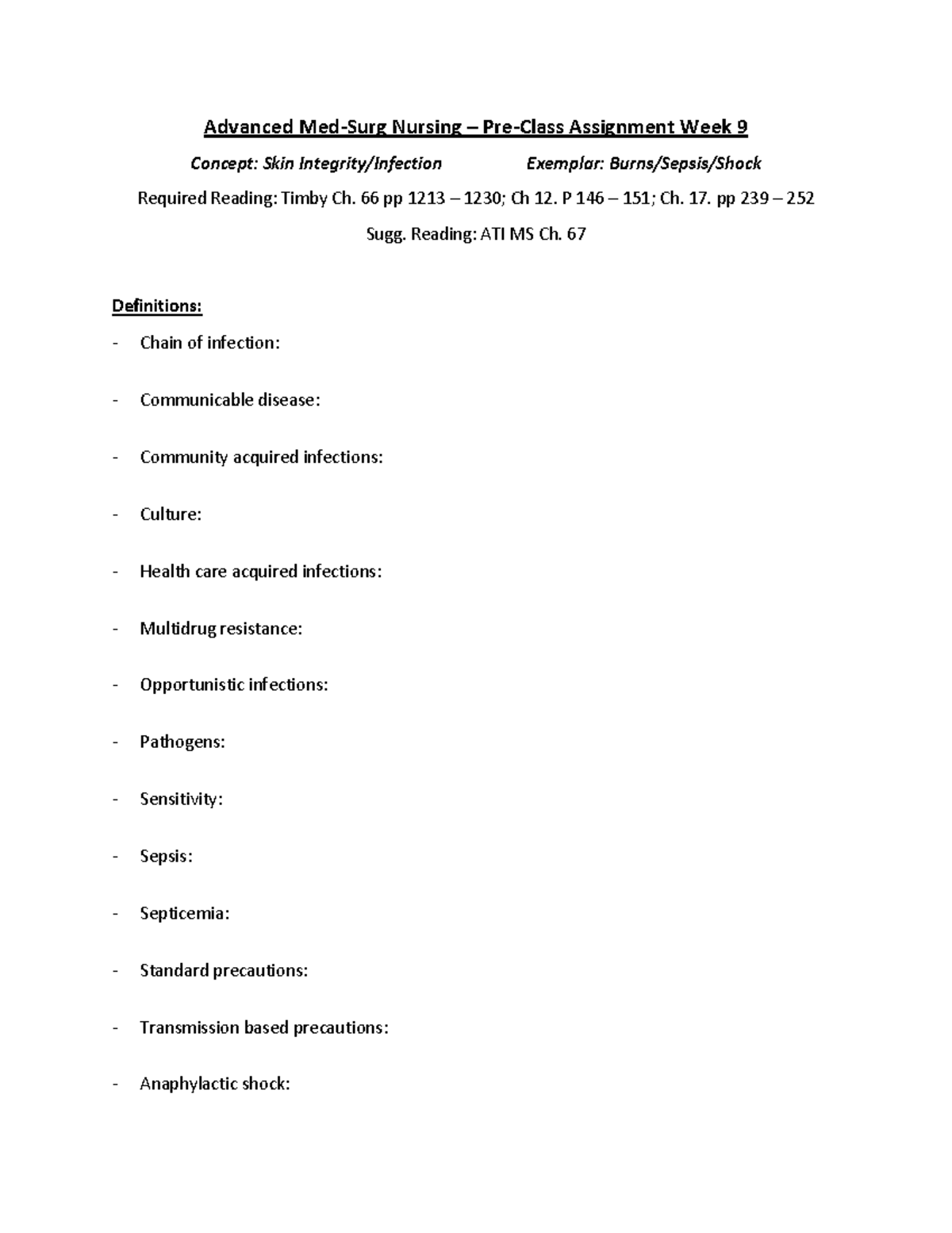 Week 9 Pre Class Assignment - Advanced Med-Surg Nursing – Pre-Class Assignment Week 9 Concept ...