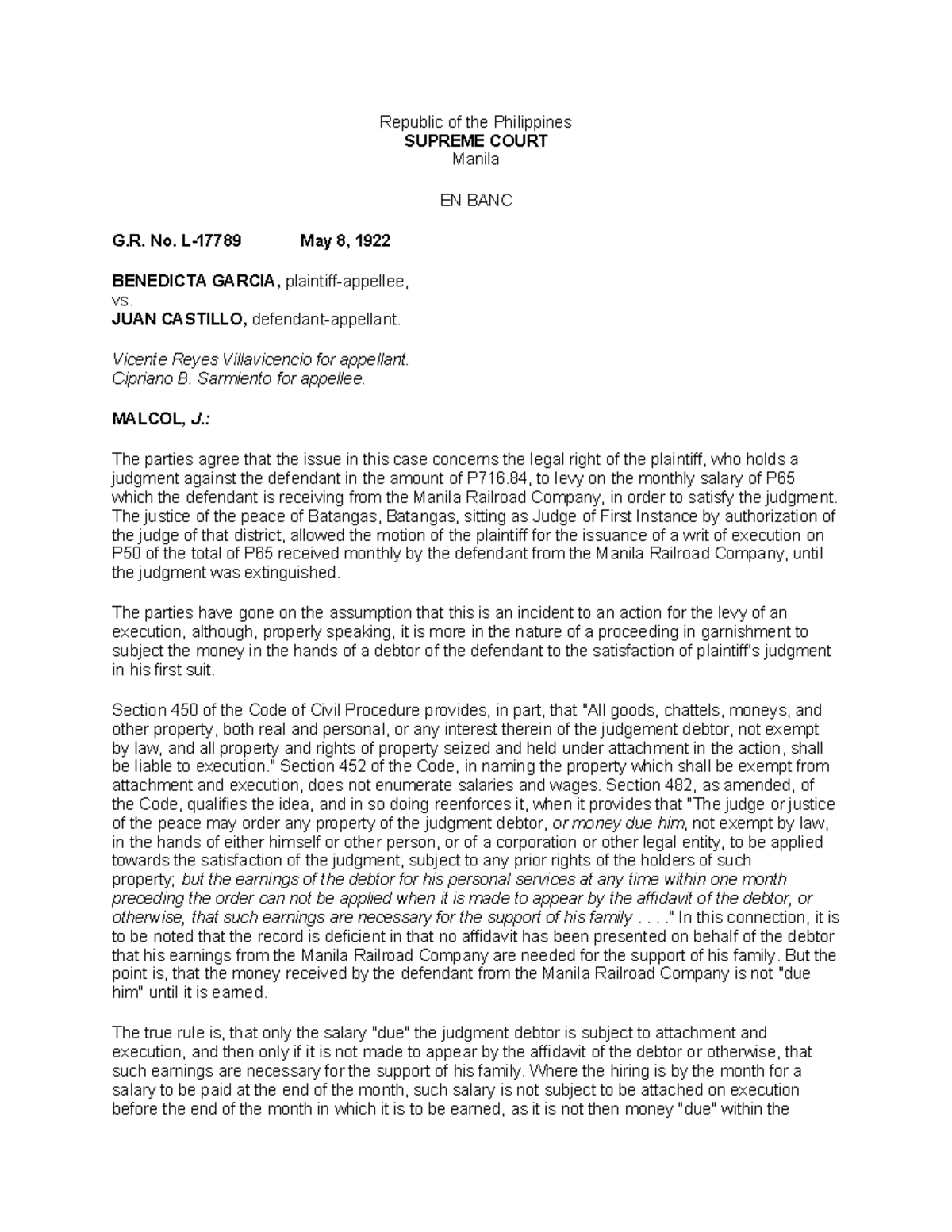 Garcia v. Castillo G.R. No. L-17789 - Republic of the Philippines ...