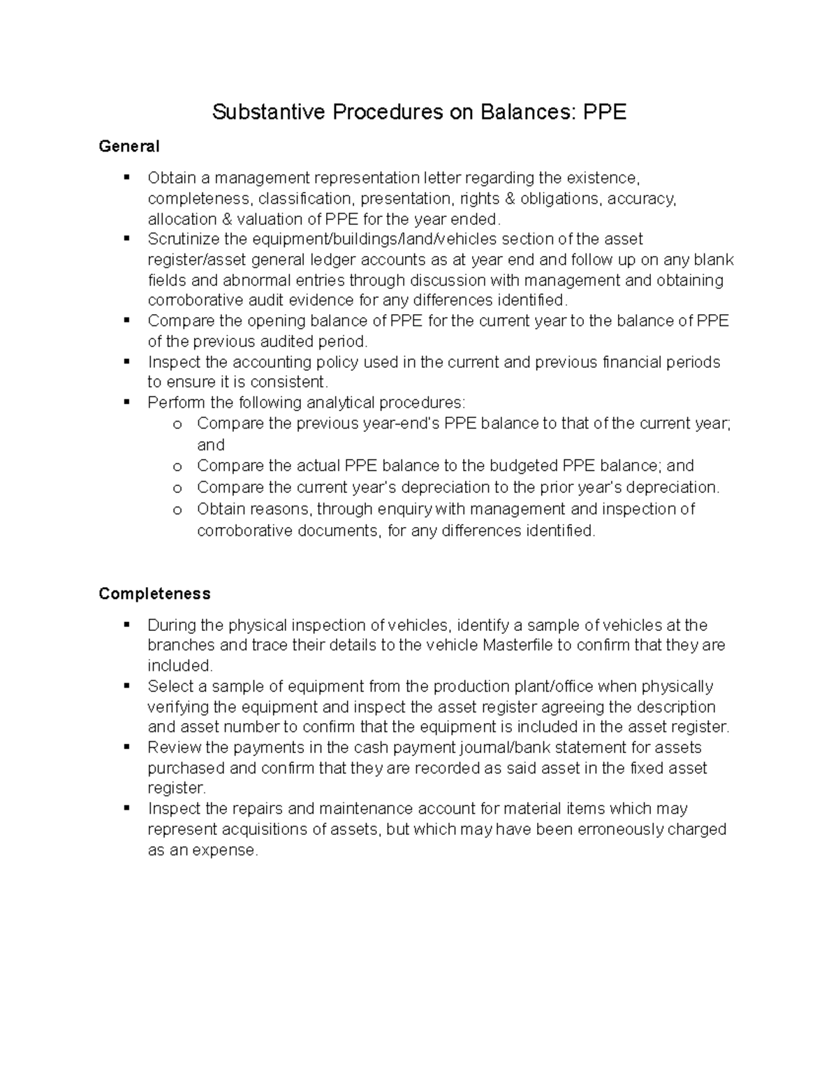 Substantive Procedures on Balances - Scrutinize the equipment/buildings ...