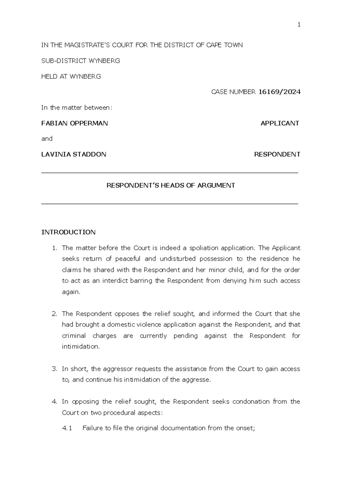 Heads OF Argument - IN THE MAGISTRATE’S COURT FOR THE DISTRICT OF CAPE ...