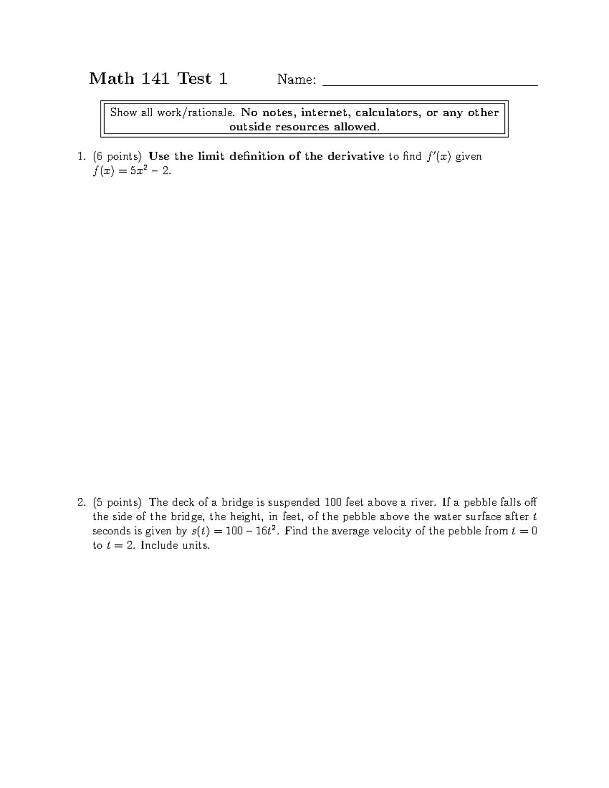 Sp23 141 Test1 Practice Test Math 141 Test 1 Name Show All Work