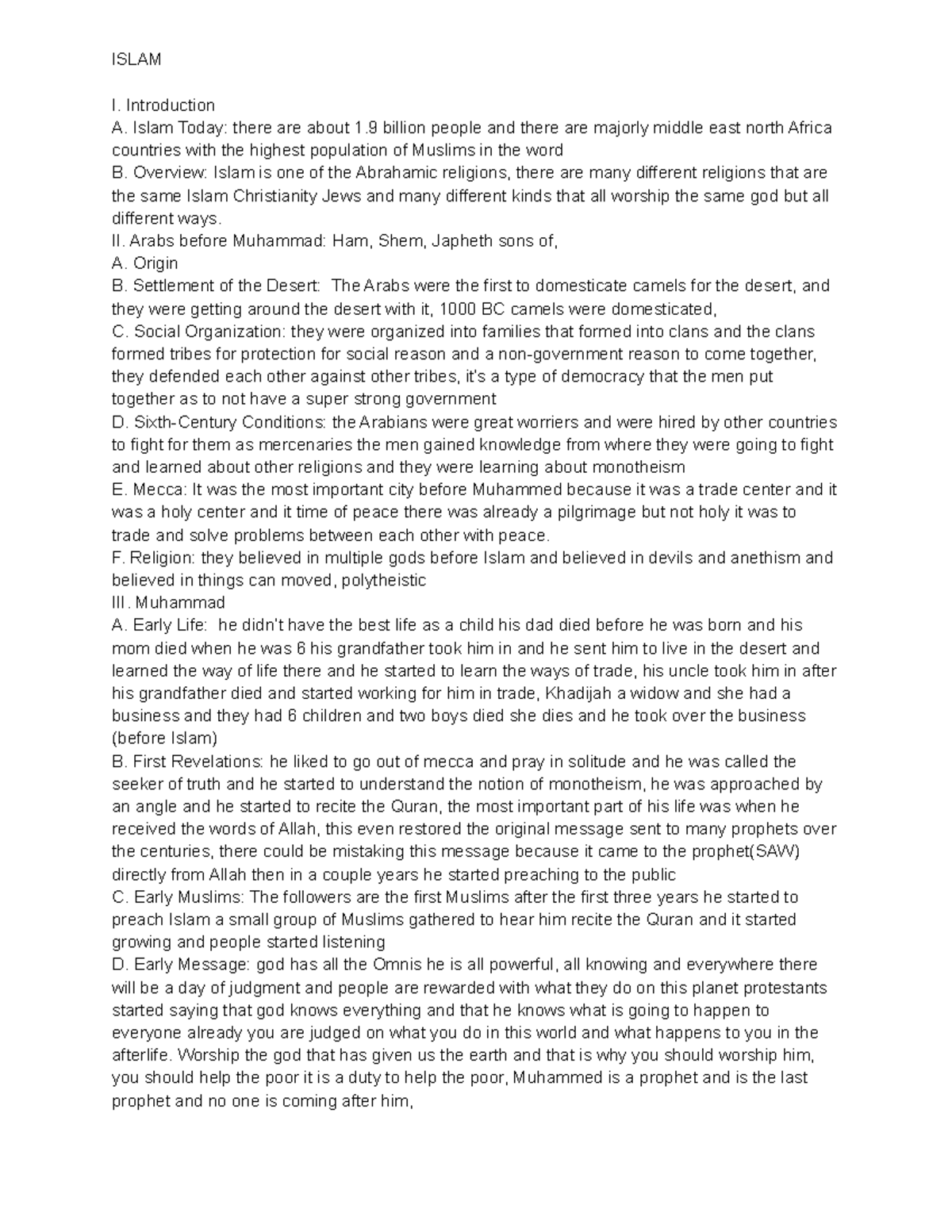Islam outline lecture - World Civ - ISLAM I. Introduction A. Islam ...
