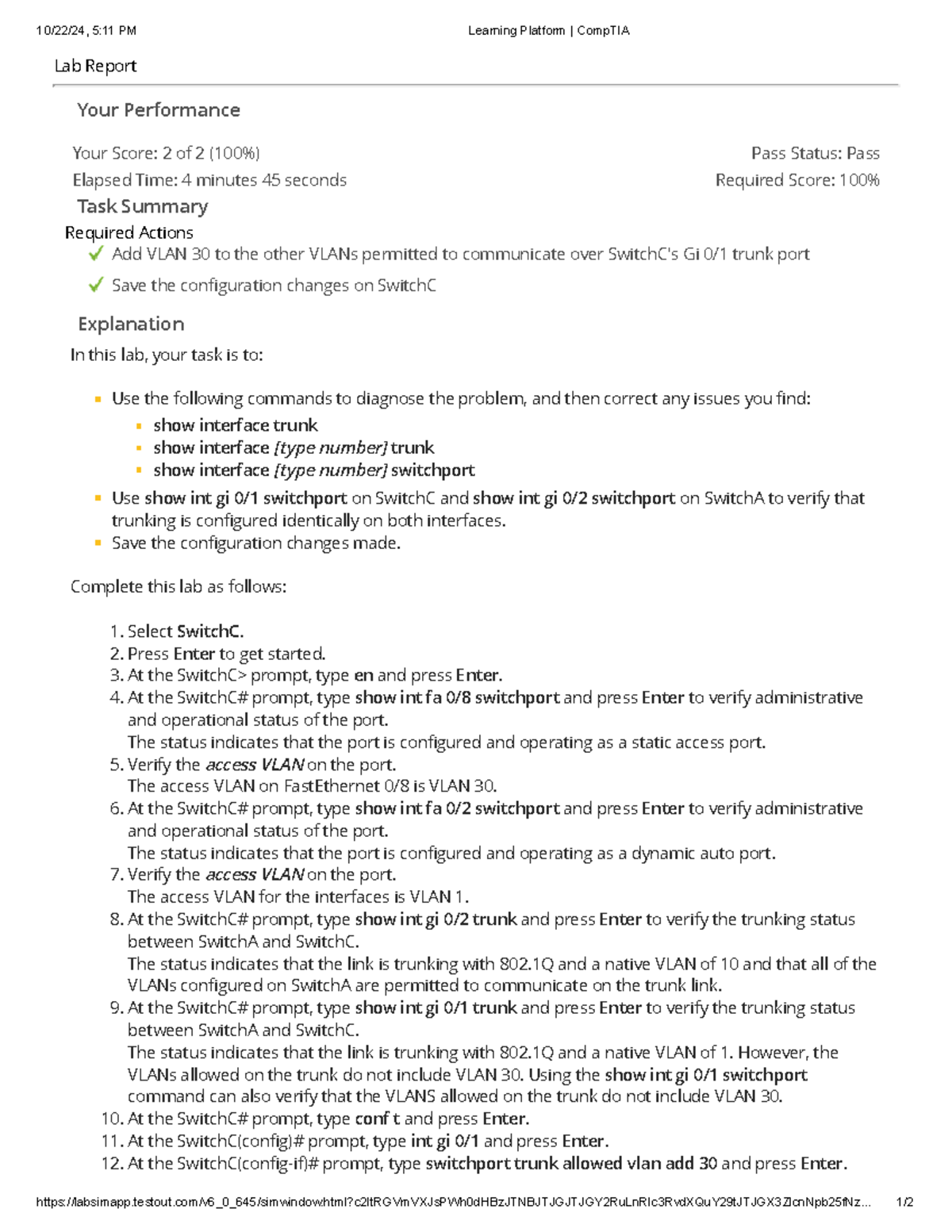 11 7 5 Troubleshoot Vlans 1 Simulation Pass Status Pass Required