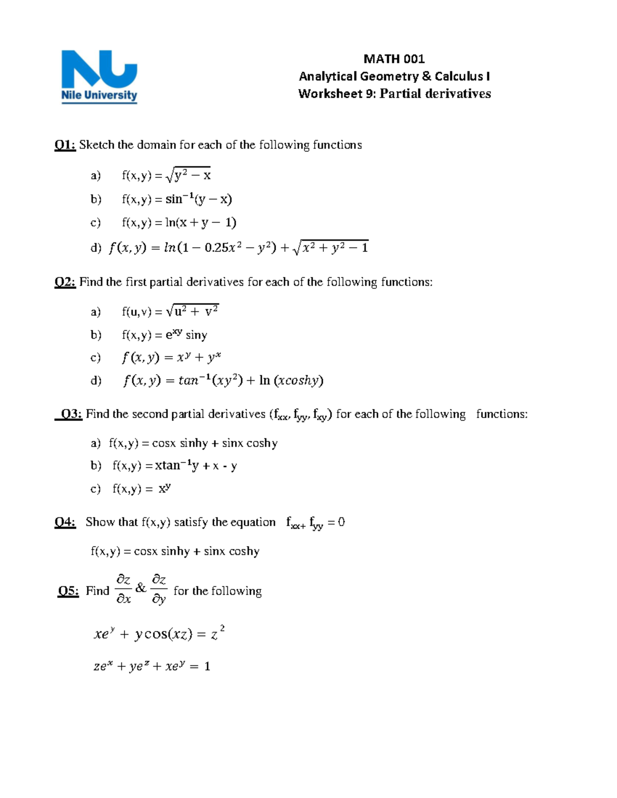 Math001 Worksheet 9 - MATH 001 Analytical Geometry & Calculus I ...