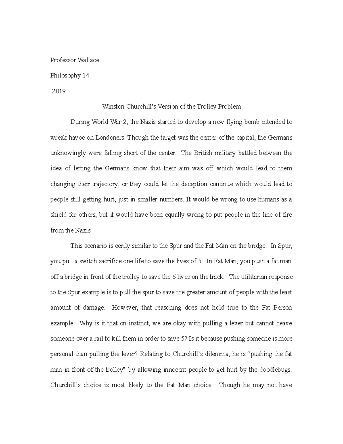 PHI 14 Trolley Problem Paper Assignment - Professor Wallace Philosophy ...