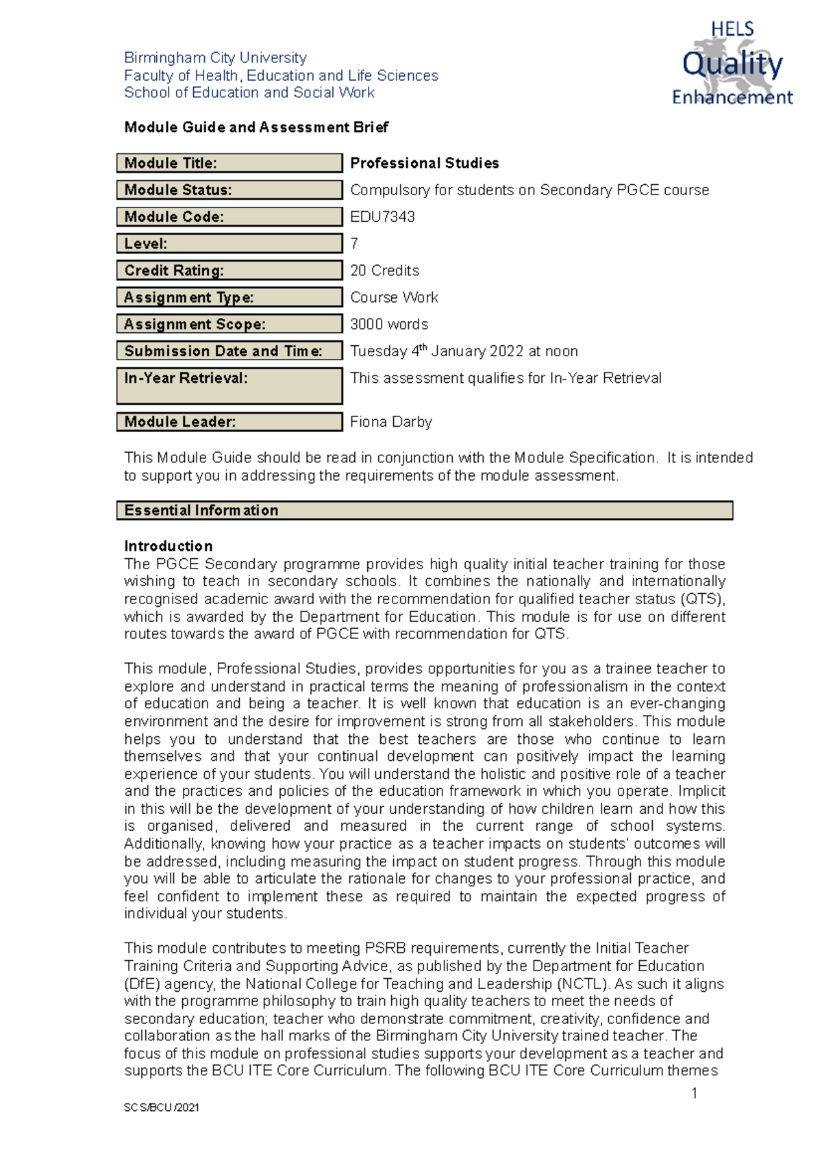 Module Guide Assessment Brief EDU7343 Prof Studies - Faculty of Health ...