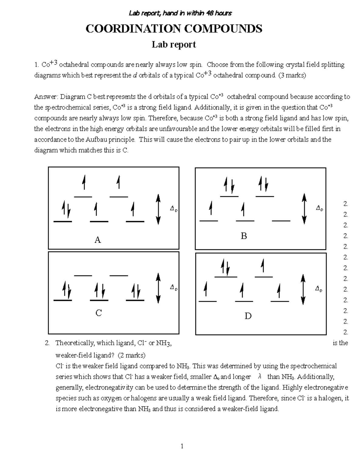 Coordination compounds lab report - ∆o ∆o ∆o ∆o A B C D COORDINATION ...