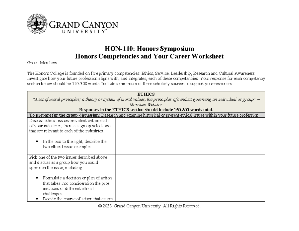 HON 110 RS T1 CLC Honors Competenciesand Your Career Worksheet - HON ...