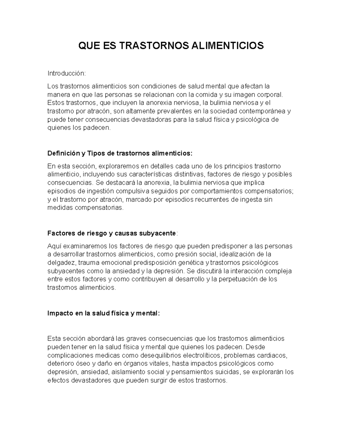 QUE ES Trastornos Alimenticios - QUE ES TRASTORNOS ALIMENTICIOS Introducción: Los trastornos ...