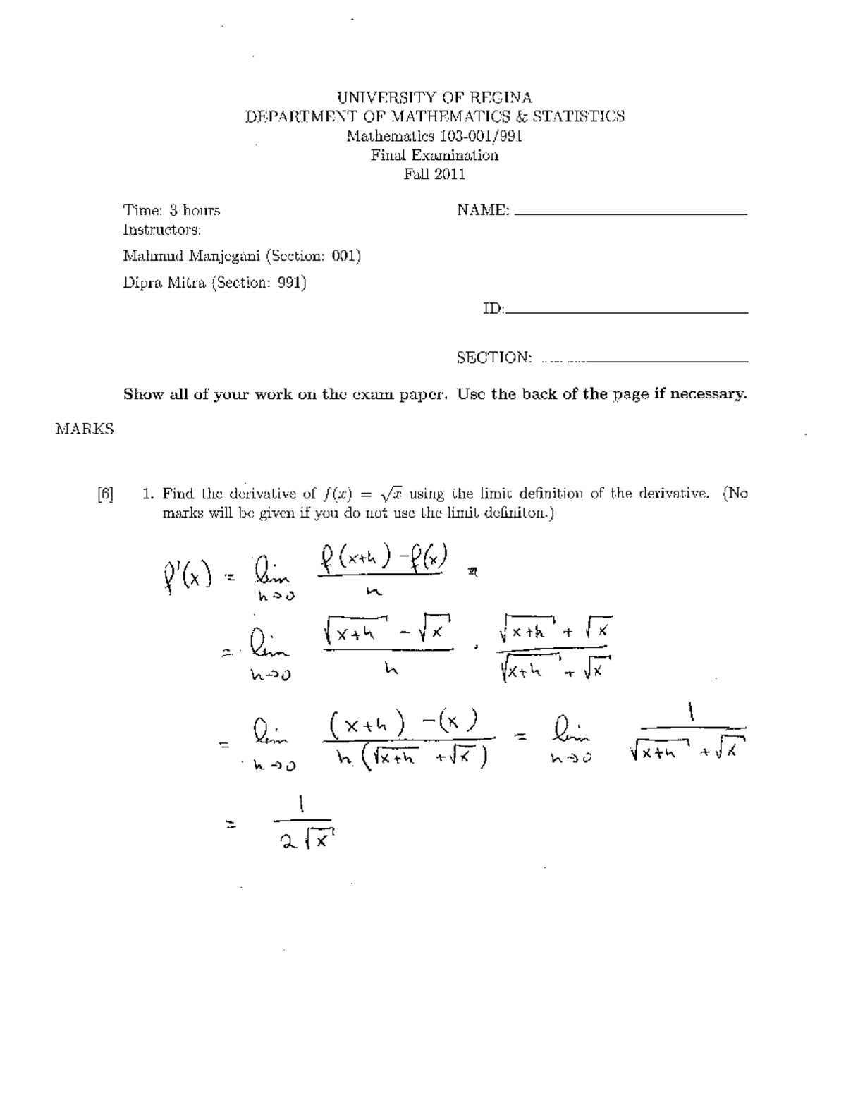Sample/practice exam 2009, questions Sample 2 - MATH 103 - Studocu