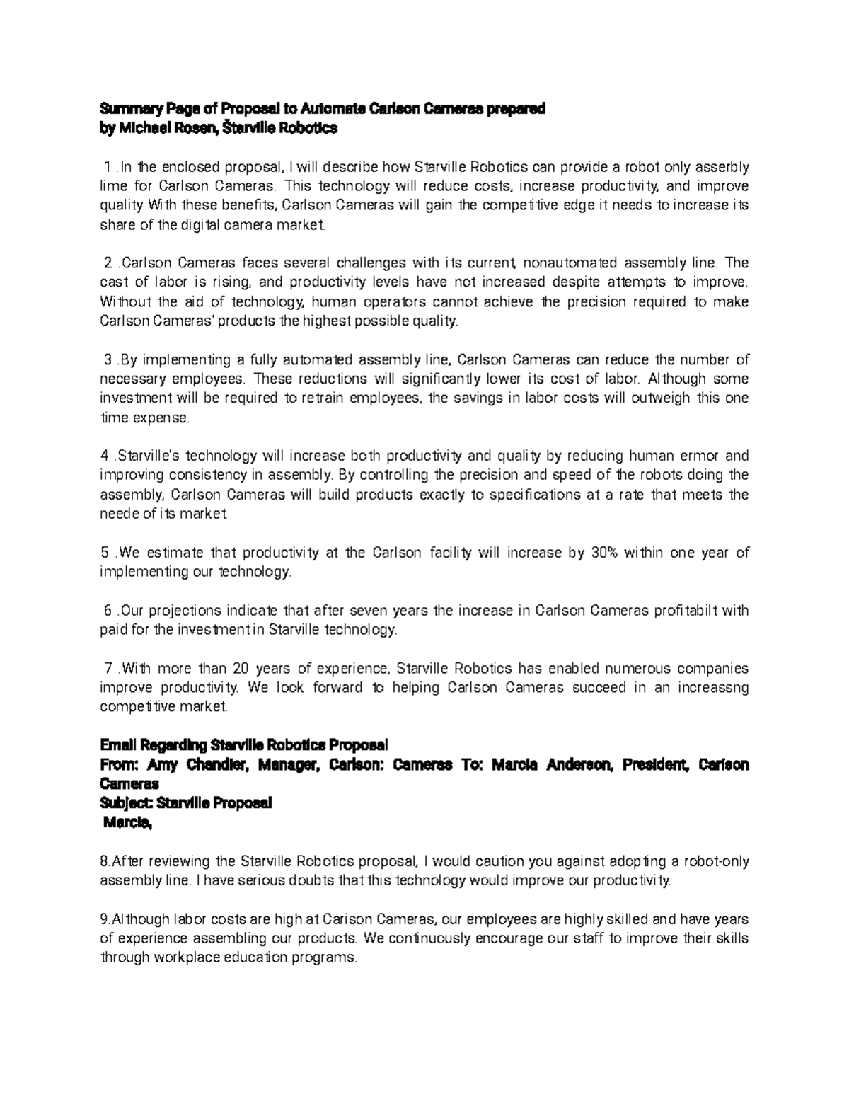 Robotics sample - Summary Page of Proposal to Automate Carlson Cameras ...