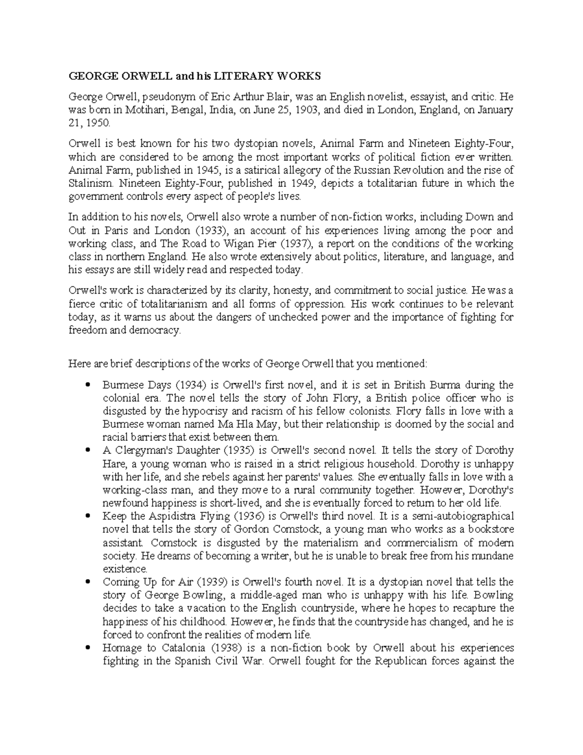 George Orwell and his Literary Works - GEORGE ORWELL and his LITERARY ...