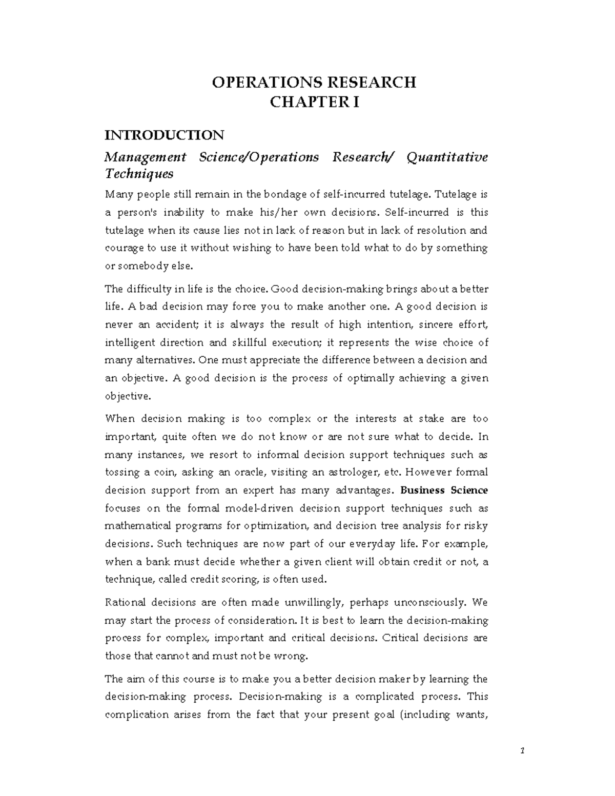 1 - note - OPERATIONS RESEARCH CHAPTER I INTRODUCTION Management Science/Operations Research ...