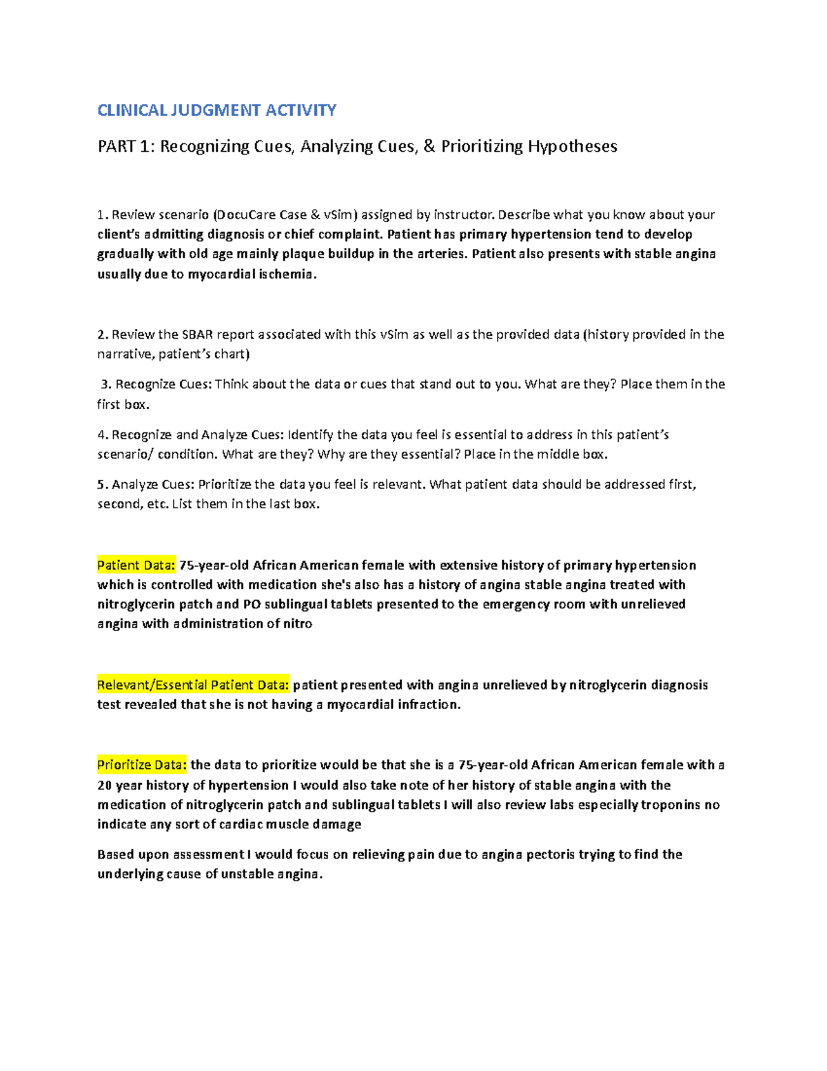 Clinical Judgment Activity PART 1 Recognizing Cues - CLINICAL JUDGMENT ...
