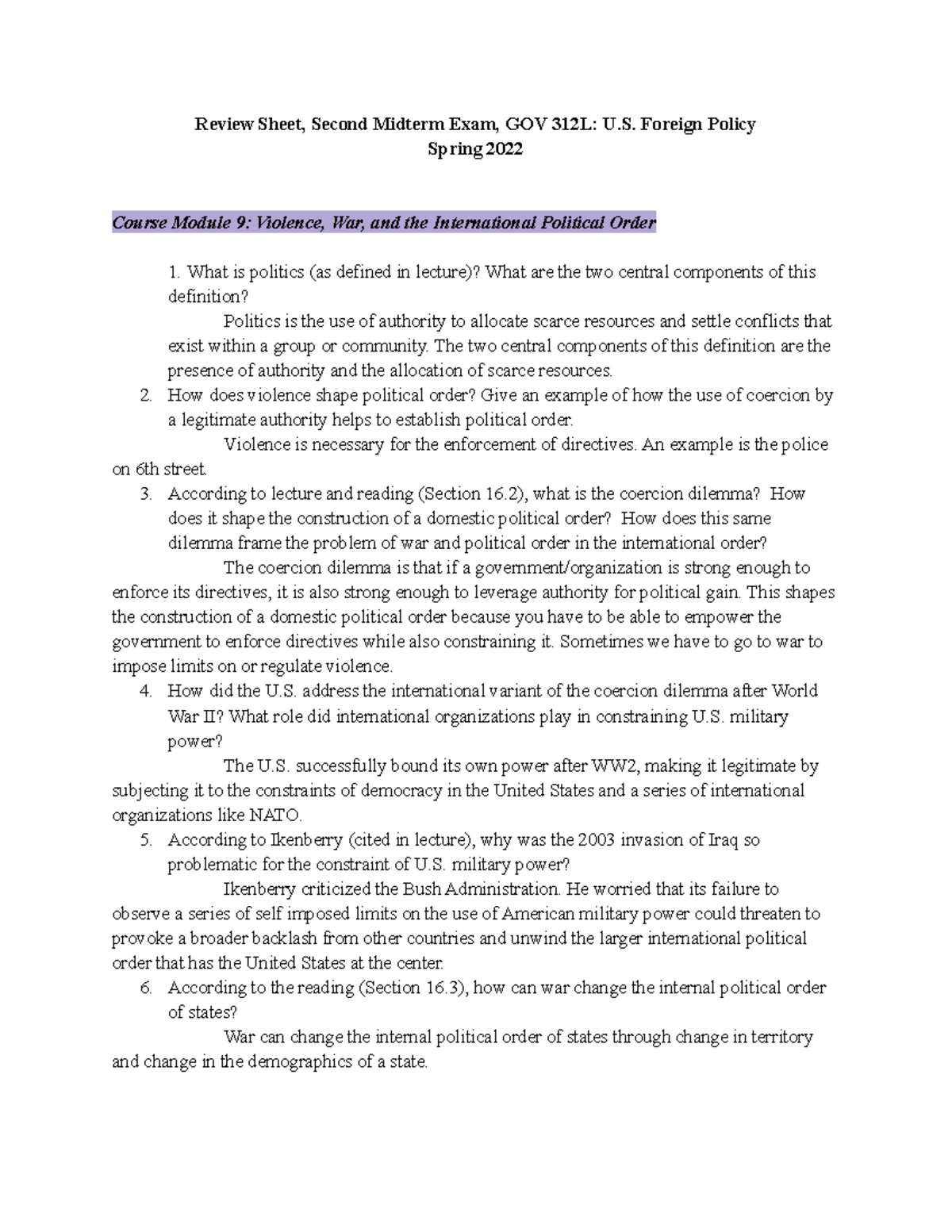 Government Midterm Exam #2 Review (includes Modules 9-16 & INN@UT #3 ...