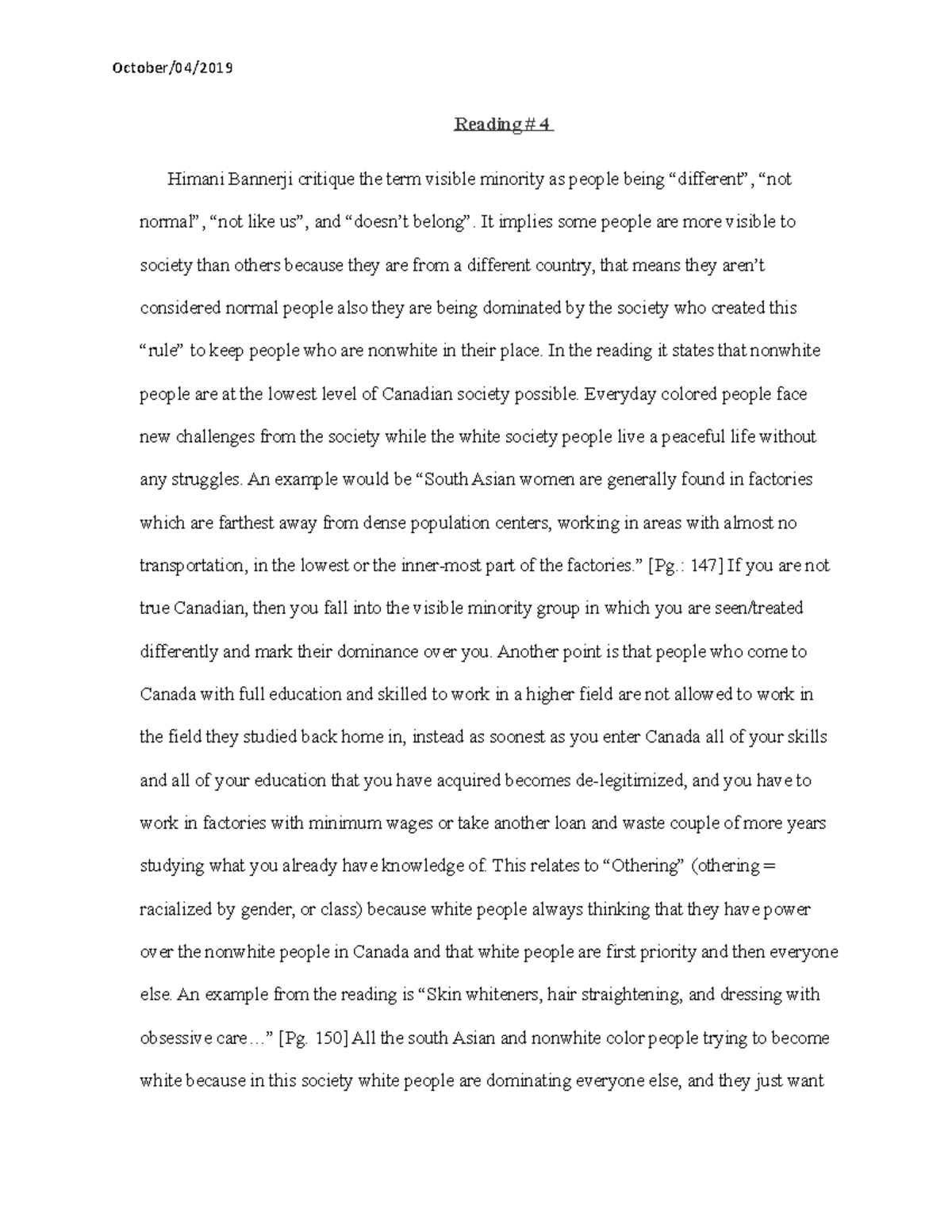 How does Himani Bannerji critique the term - October/04/ Reading # 4 ...