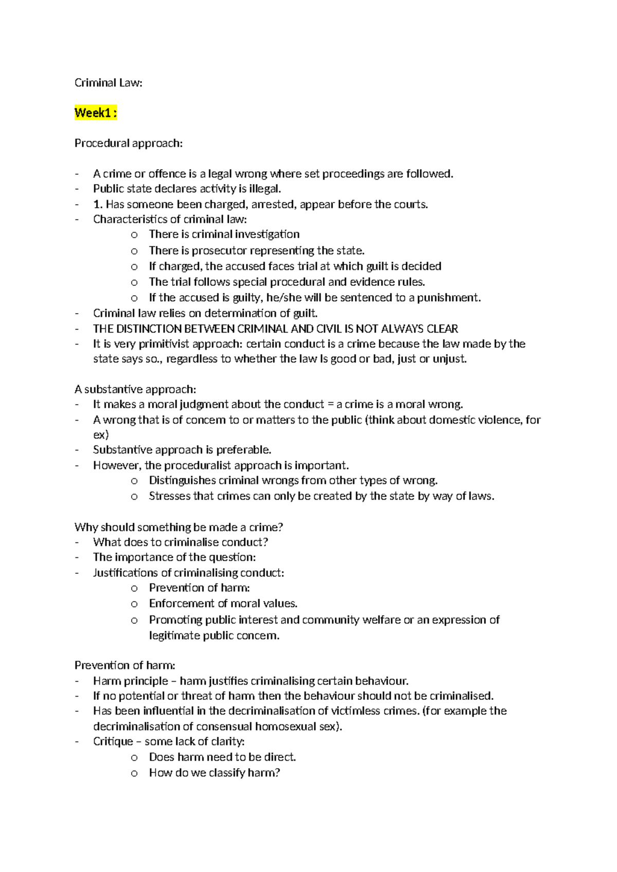 Criminal Law week by week notes - Criminal Law: Week1 : Procedural ...