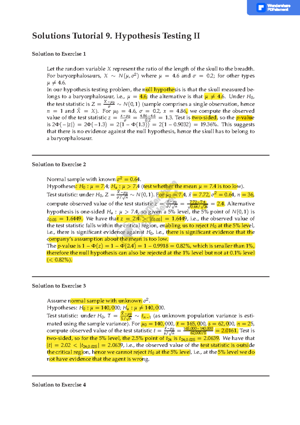 Solutions Tutorial 9 - Hypothesis Testing II Solution to Exercise 1 Let ...