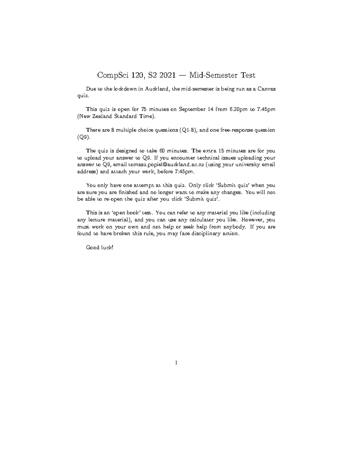 Compsci 120 S2 2021 Test Compsci 120 S2 2021 — Mid Semester Test Due To The Lockdown In