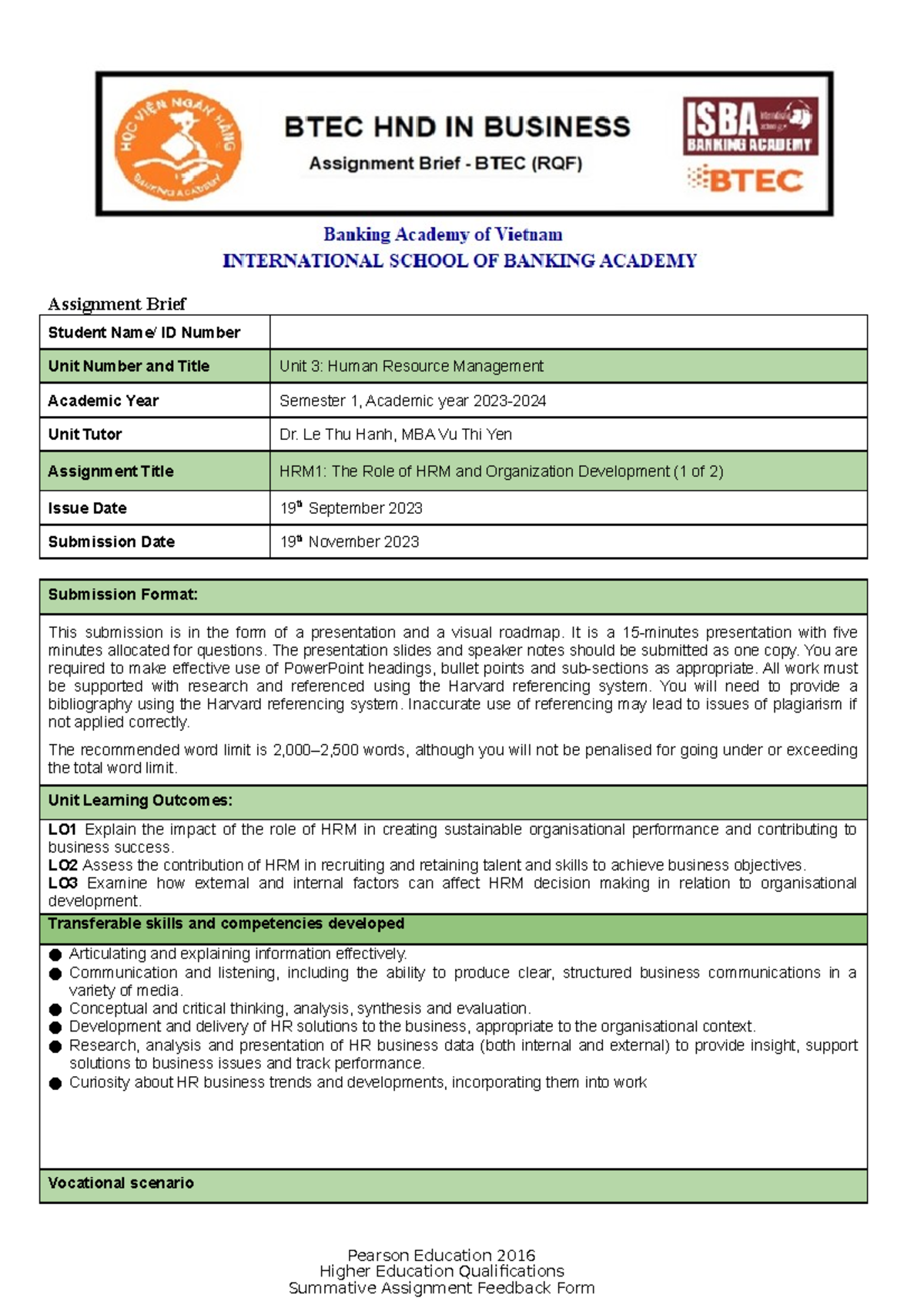 5.1 Unit 3. HRM Assignment 1 of 2 (100223) - Assignment Brief Student Name/ ID Number Unit ...