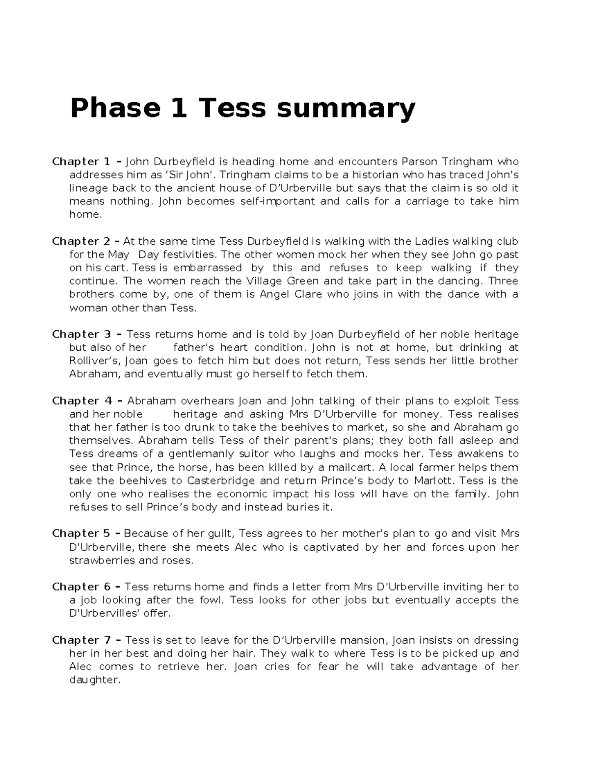 Phase 1 summary - Phase 1 Tess summary Chapter 1 – John Durbeyfield is ...