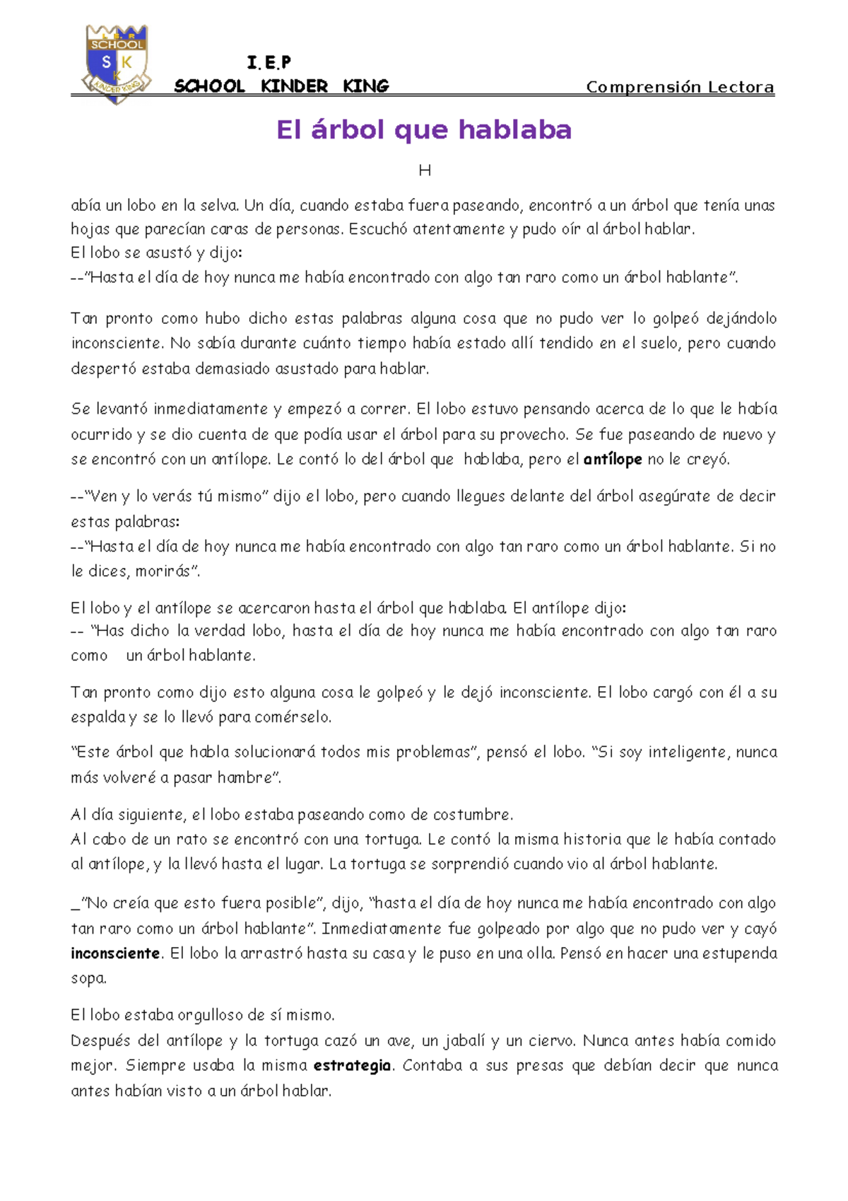 Lectura 07 - SCHOOL KINDER KING Comprensión Lectora El árbol que ...