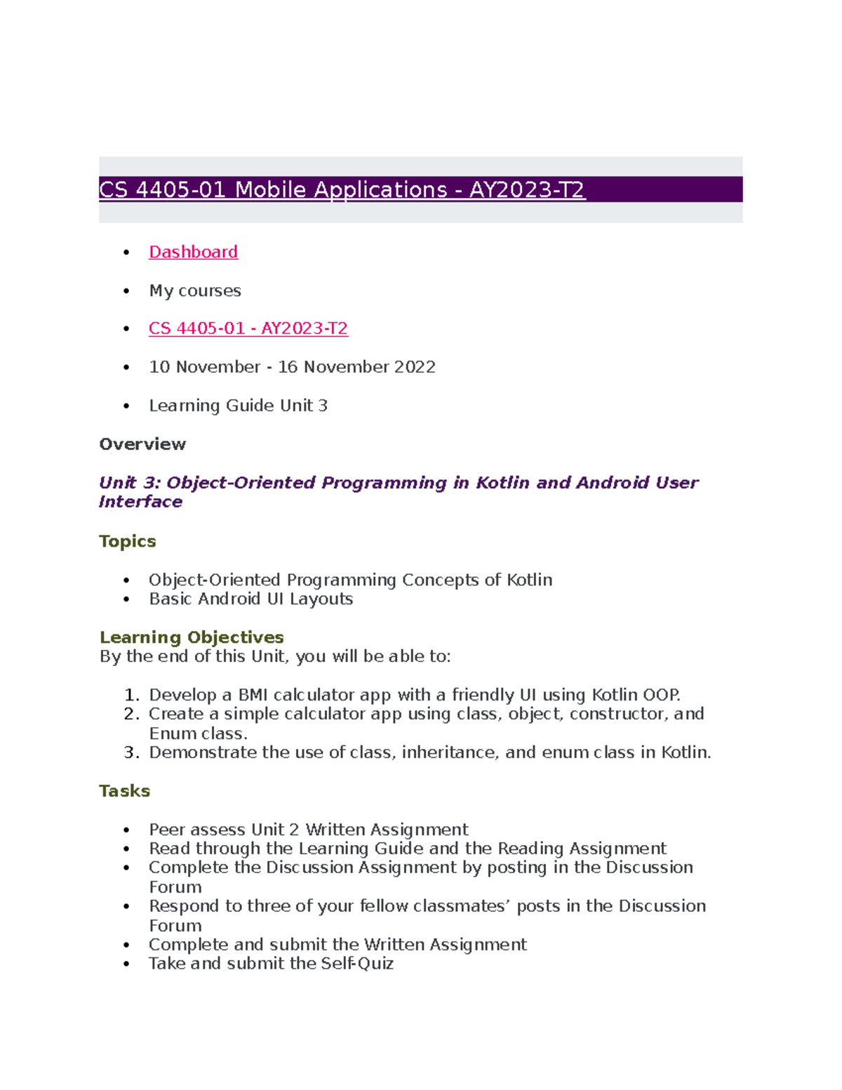 Learning Guide Unit 3- cs 4405 - CS 4405-01 Mobile Applications - AY2023-T Dashboard My - Studocu