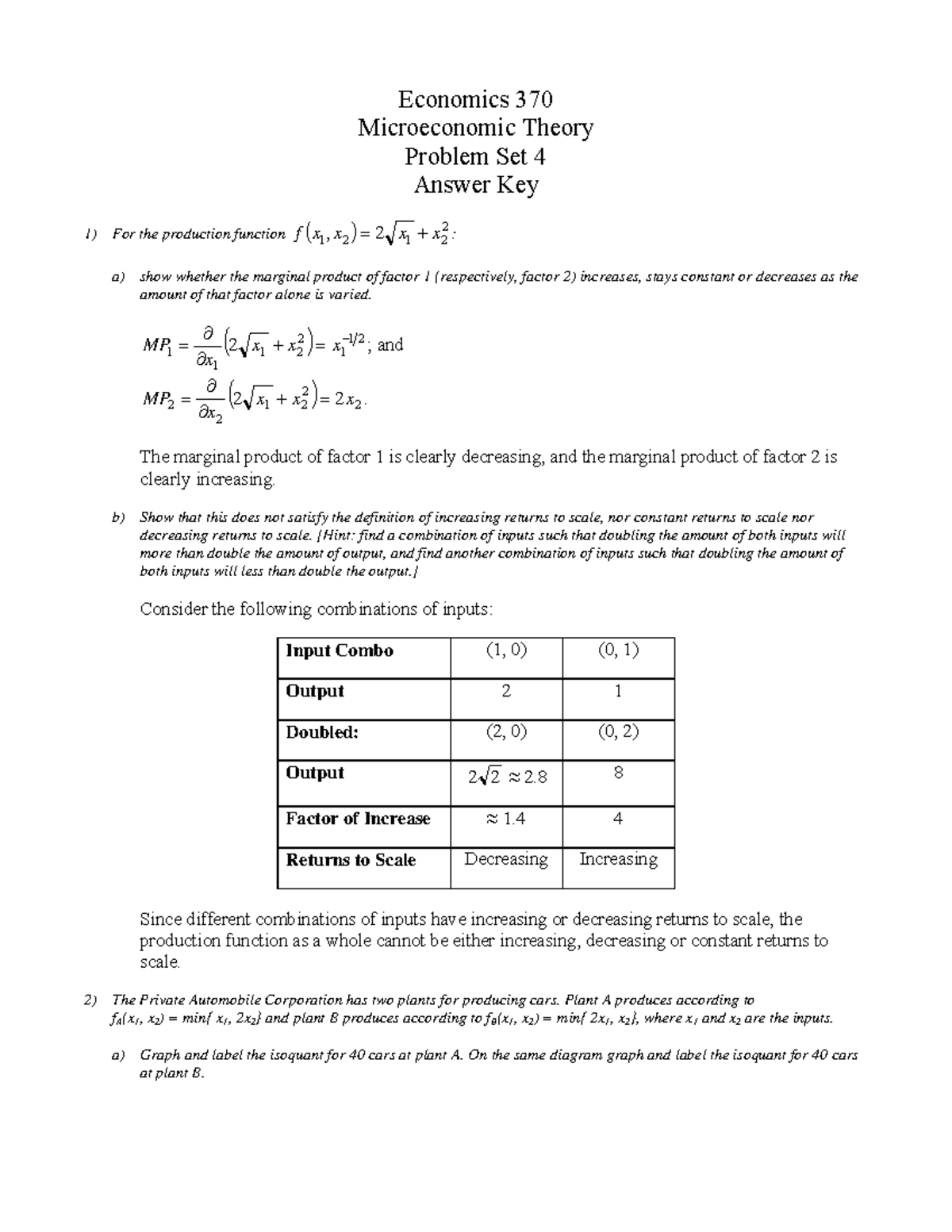 Akps4 Microeconomics example for exam - Economics 370 Microeconomic Theory Problem Set 4 Answer ...