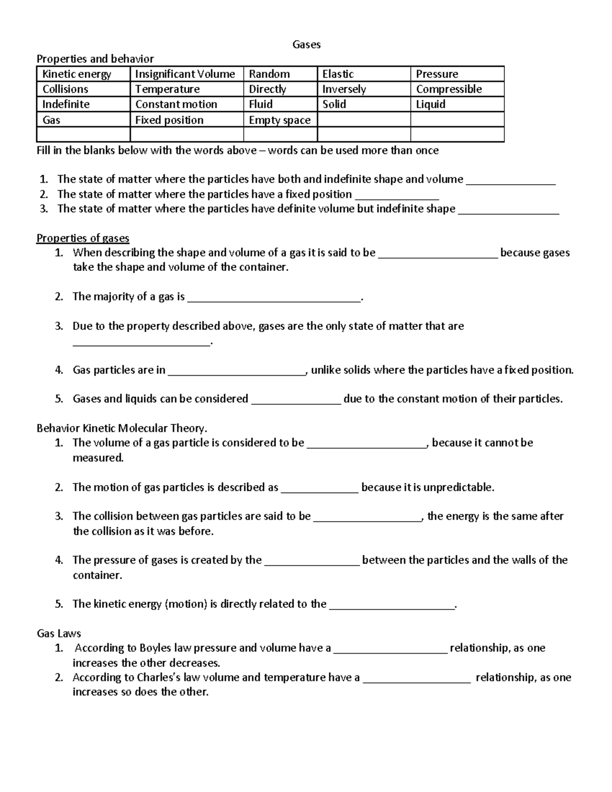 Kinetic Molecular Worksheet - Gases Properties and behavior Kinetic ...