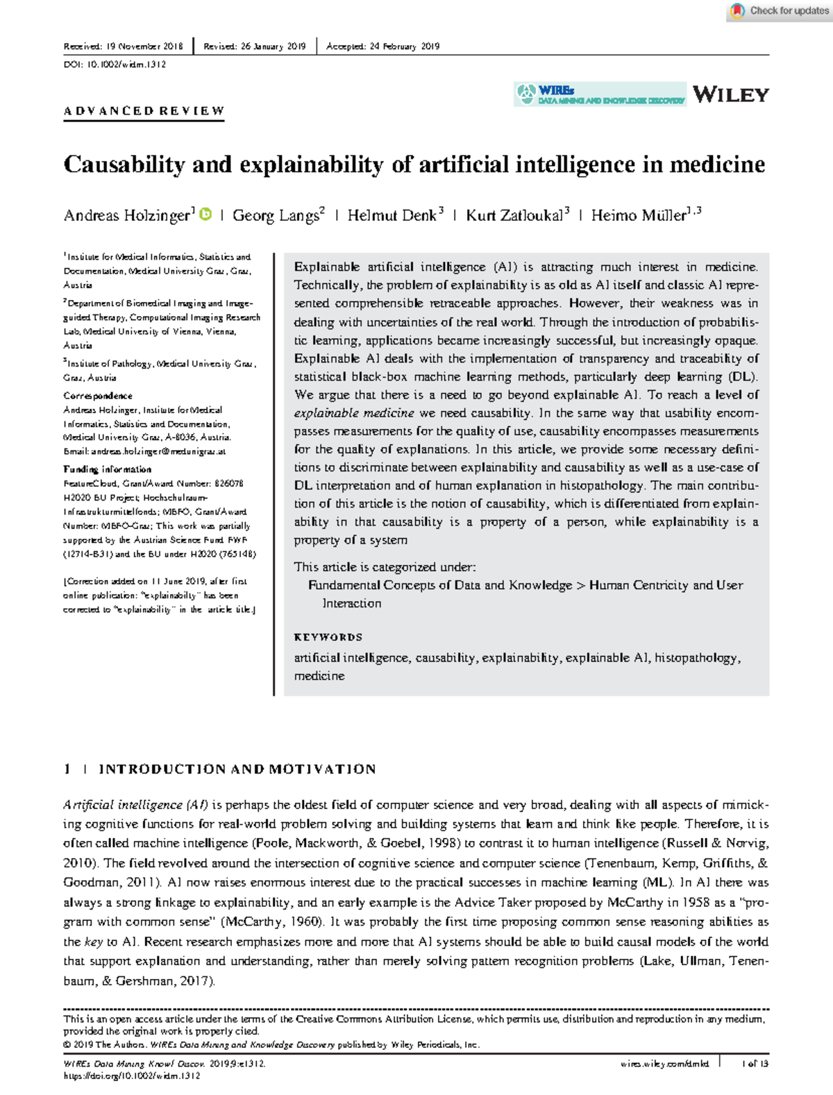 WIREs Data Min Knowl - 2019 - Holzinger - Causability and explainability of artificial ...