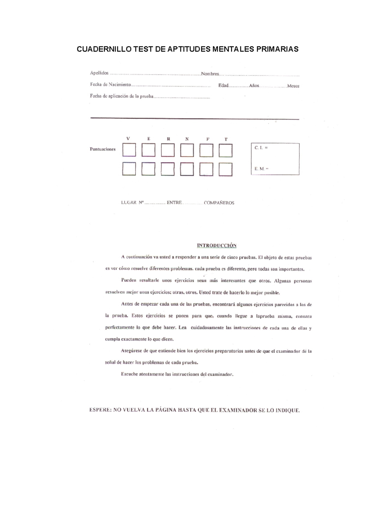 Cuadernillo TEST PMA - TEST DE APTITUDES PRIMARIOS - Psicología Escolar ...