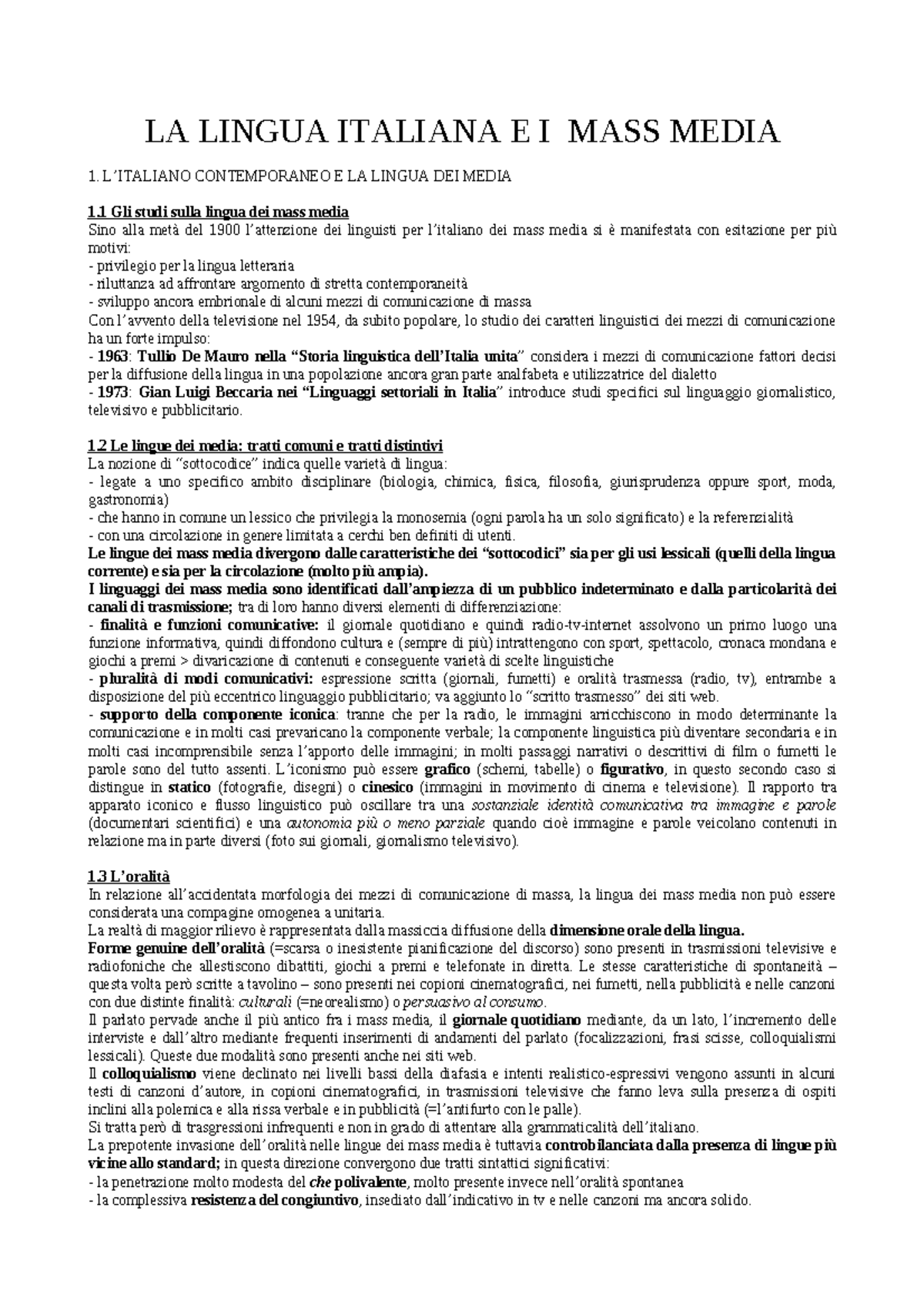 Riassunto mass media - LA LINGUA ITALIANA E I MASS MEDIA 1 ...