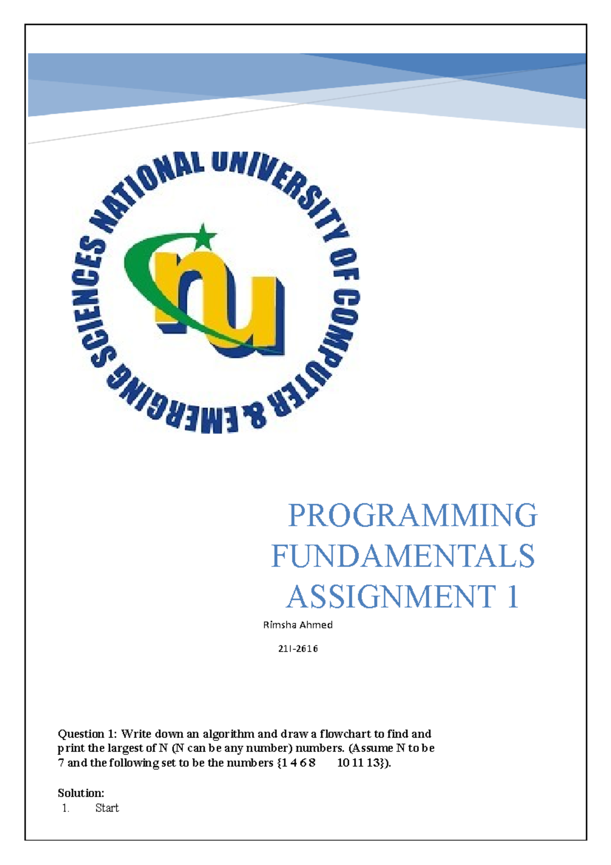 I212616 Rimsha Abbasi - fgdag - PROGRAMMING FUNDAMENTALS ASSIGNMENT 1 Rimsha Ahmed 21I- Question ...