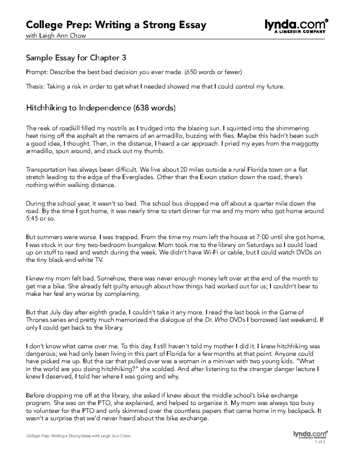 03 01 Sample Essay - Notes - College Prep: Writing a Strong Essay with ...