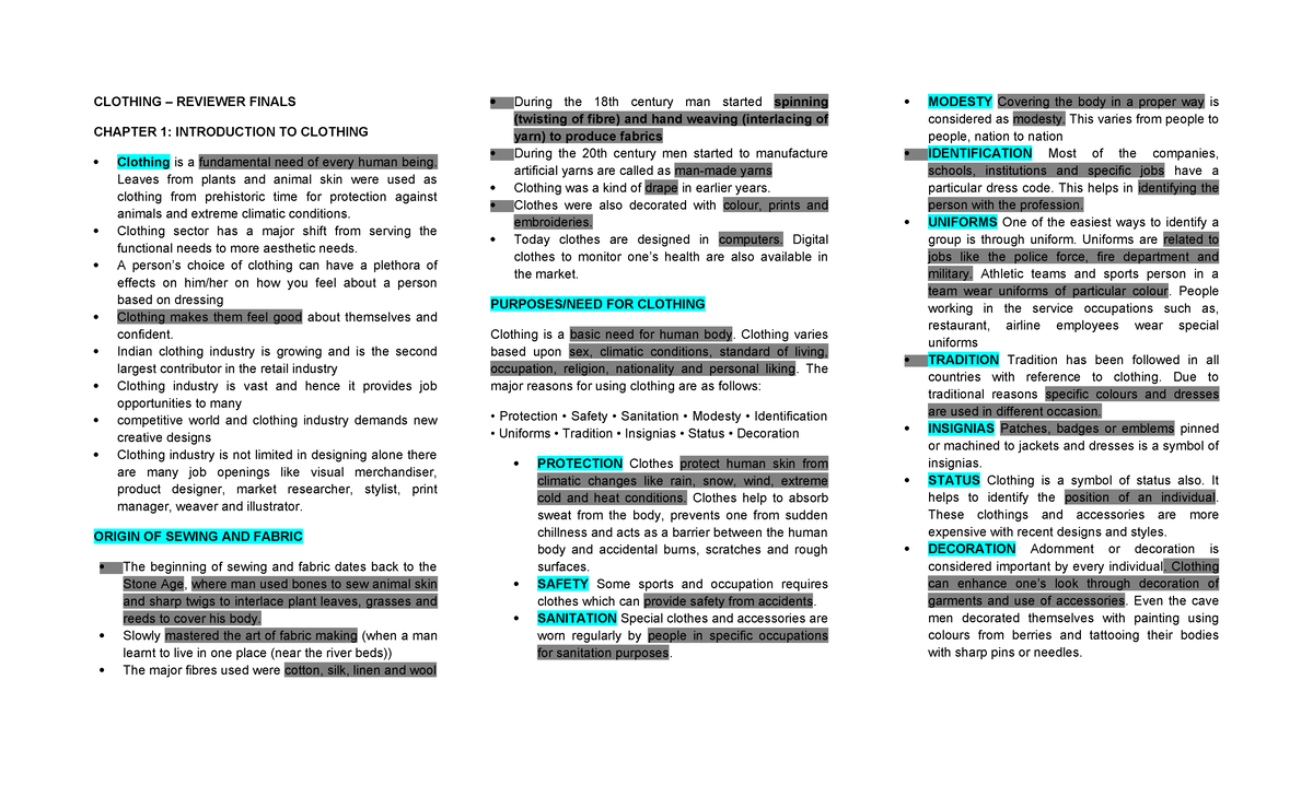 Clothing- Reviewer - CLOTHING – REVIEWER FINALS CHAPTER 1: INTRODUCTION ...