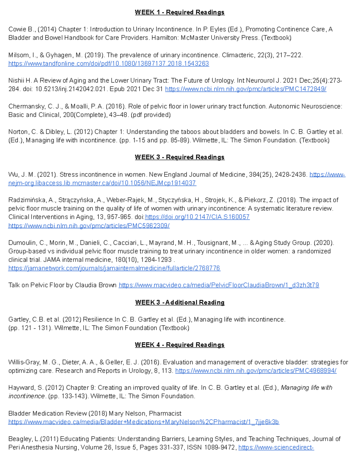 Required Readings - Incontinence - WEEK 1 - Required Readings Cowie B ...