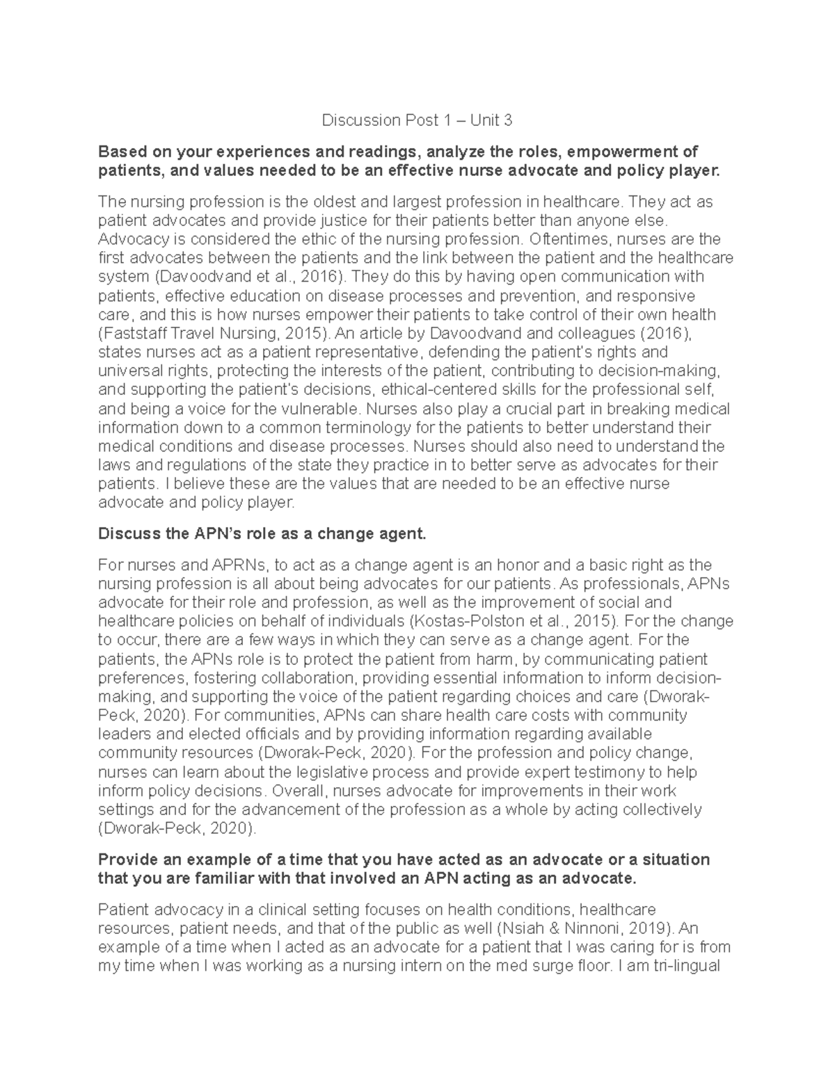 Unit 3 Discussion Post 1 - Discussion Post 1 – Unit 3 Based on your ...