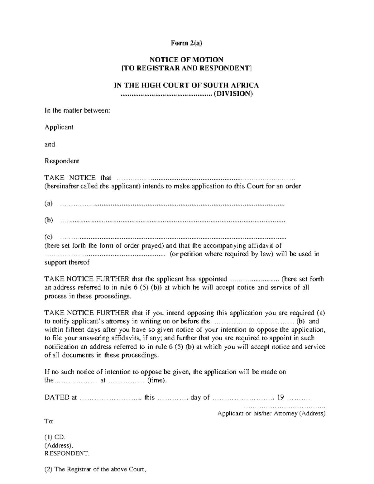 59 1959 supreme court 2 first schedule form 2 a - Form 2(a) NOTICE OF ...