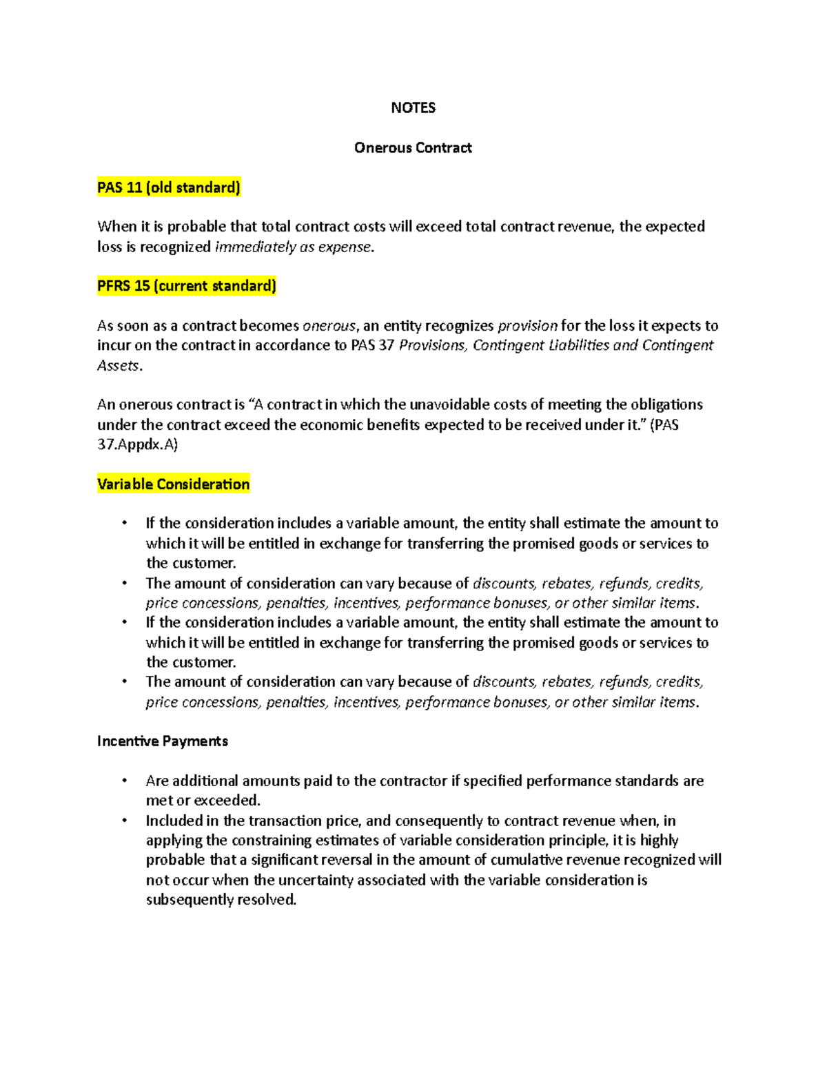 Onerous Contract Notes - NOTES Onerous Contract PAS 11 (old standard ...