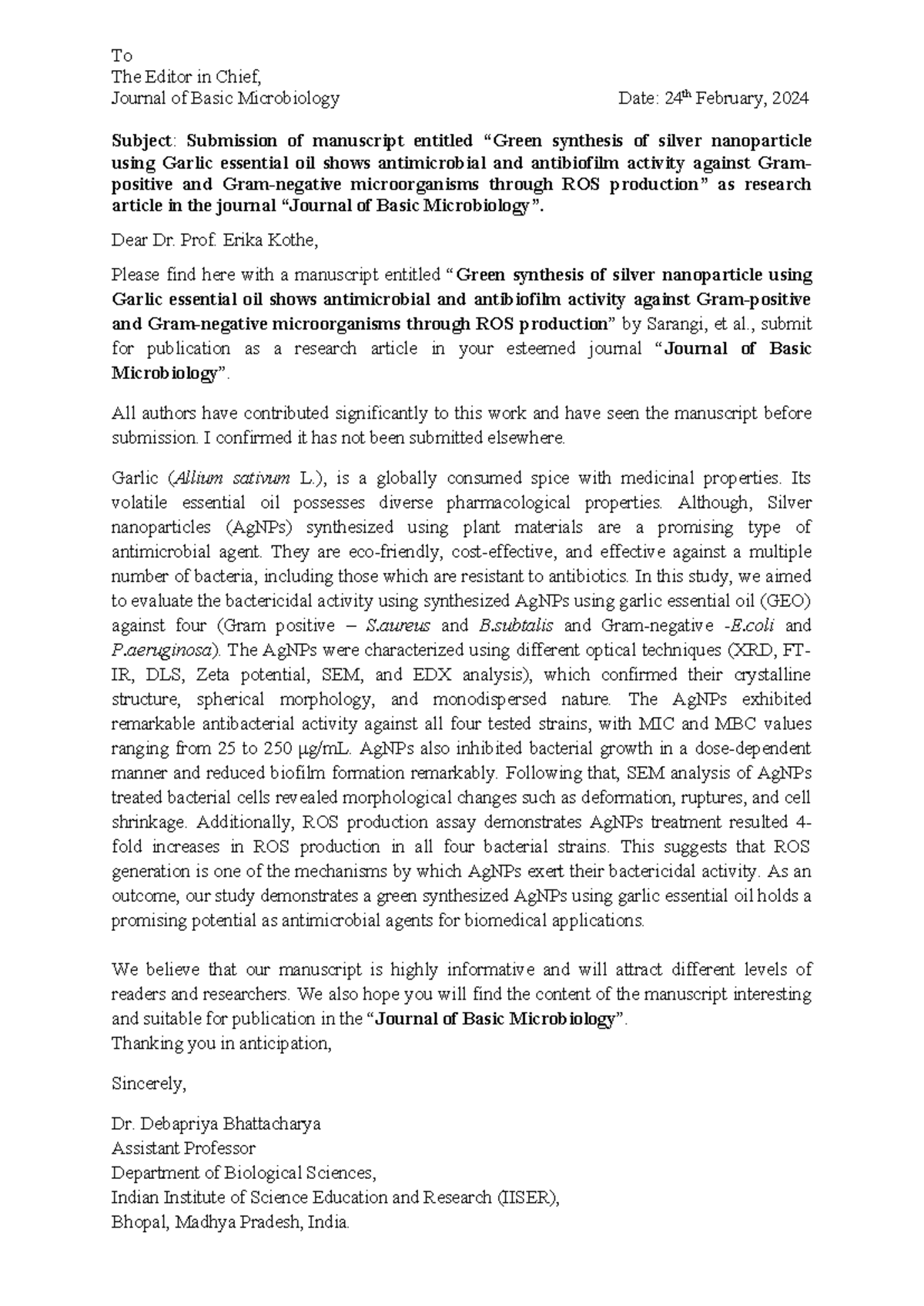 Cover letter RSC Advance - To The Editor in Chief, Journal of Basic ...