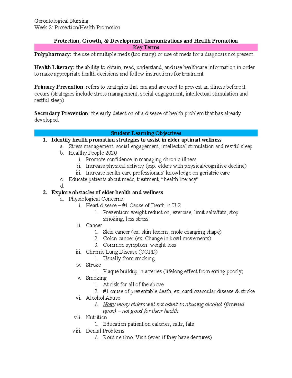 Week 2 Notes - Protection & Health Promotion - Gerontological Nursing ...