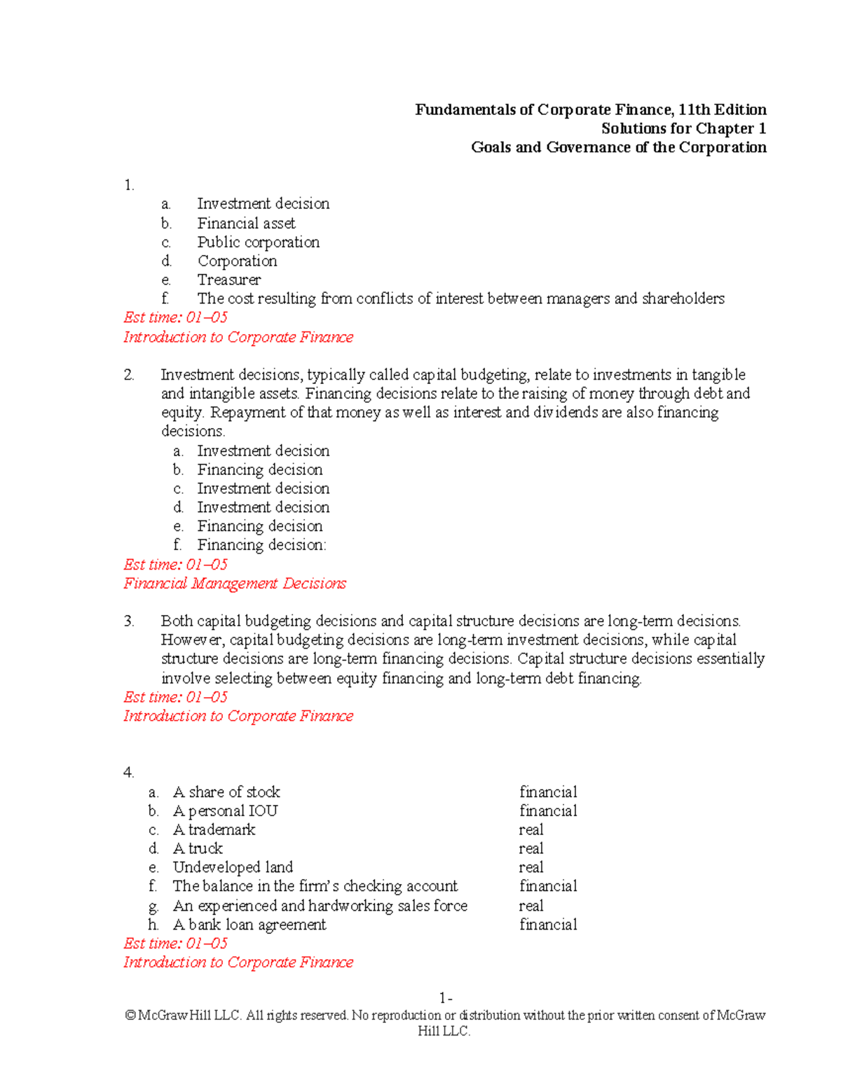 Chapter 1 - Practice Questions - Fundamentals of Corporate Finance ...