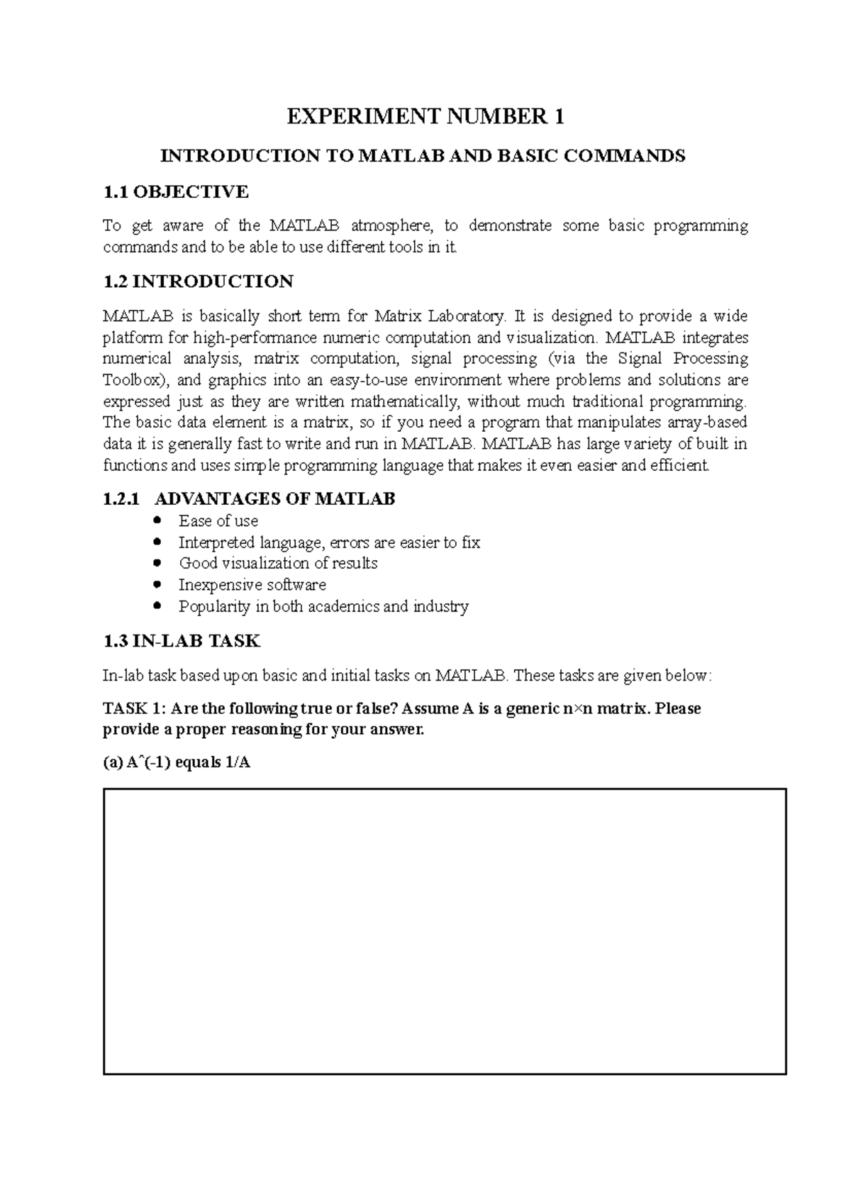 Post Lab 1 solution duirng semister7 - EXPERIMENT NUMBER 1 INTRODUCTION ...