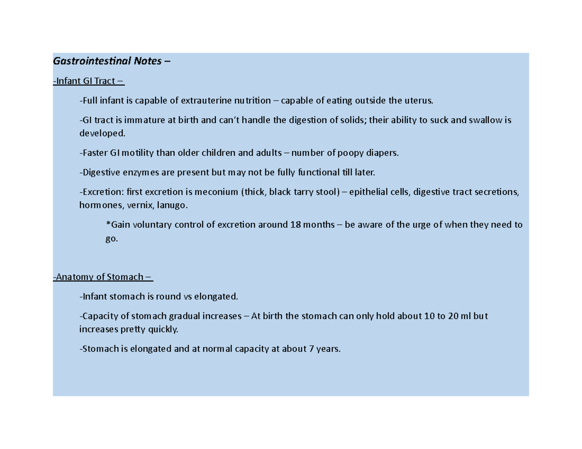GI Notes - Children - Gastrointestinal Notes – -Infant GI Tract – -Full ...