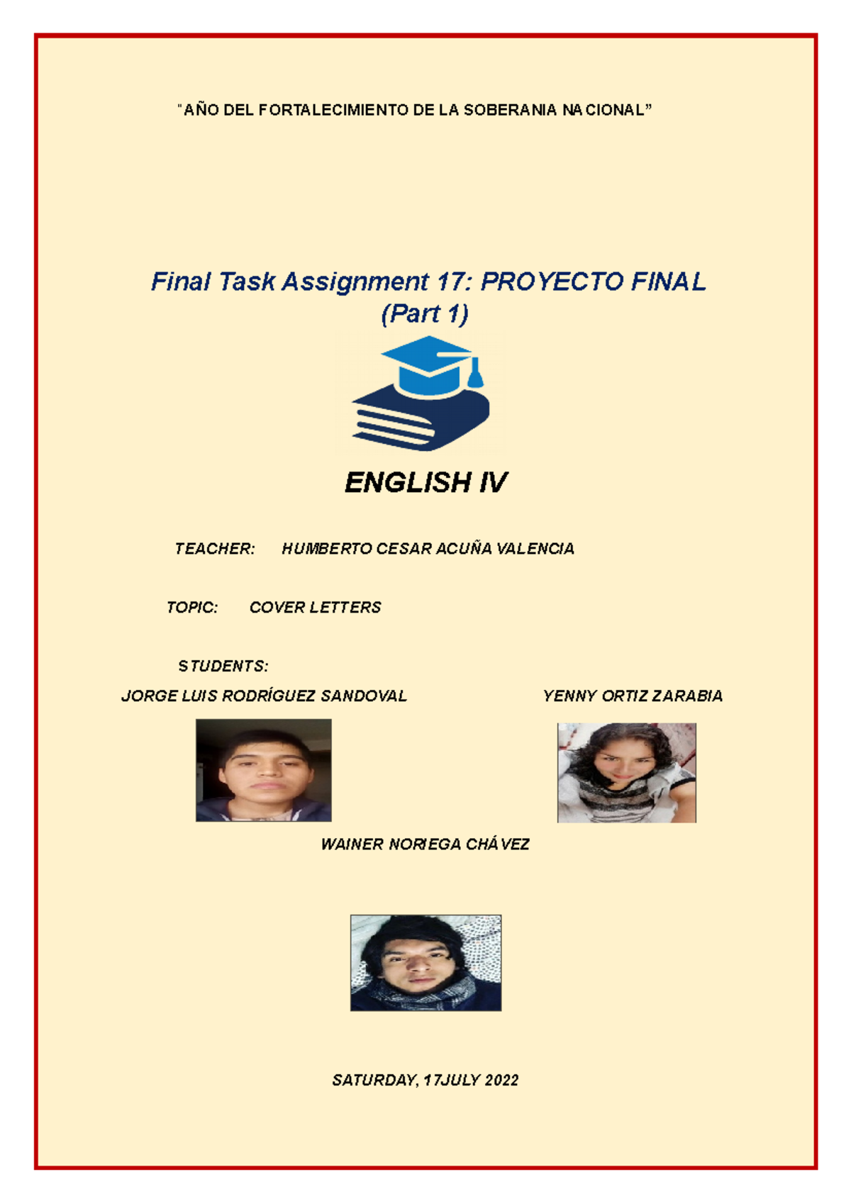 Proyecto final parte 1 english IV - “ AÑO DEL FORTALECIMIENTO DE LA SOBERANIA NACIONAL” Final ...