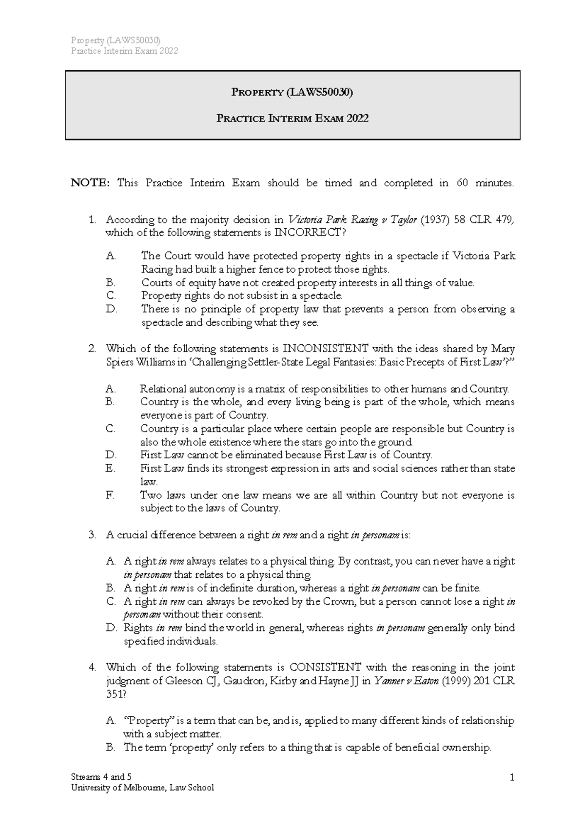 Property (LAWS50030) Practice Interim Exam 2022 - Studocu