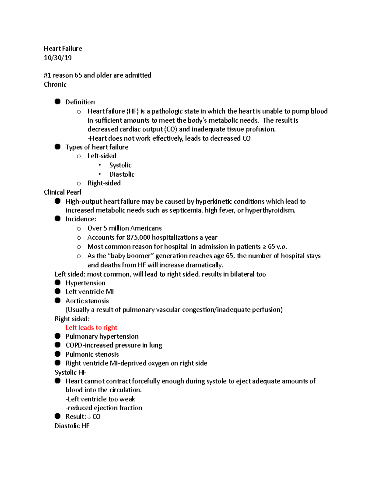 UNRS 212 Heart Failure lecture notes - Heart Failure 10/30/ #1 reason ...